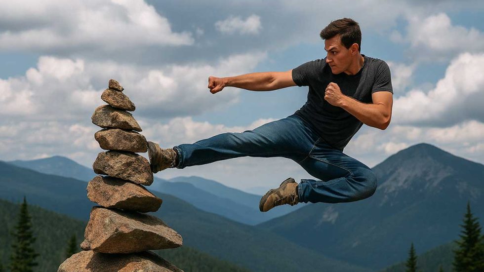 Local Hikers Cheer as Hero Delivers Flying Kick to Yet Another One of Those Annoying Rock Stacks